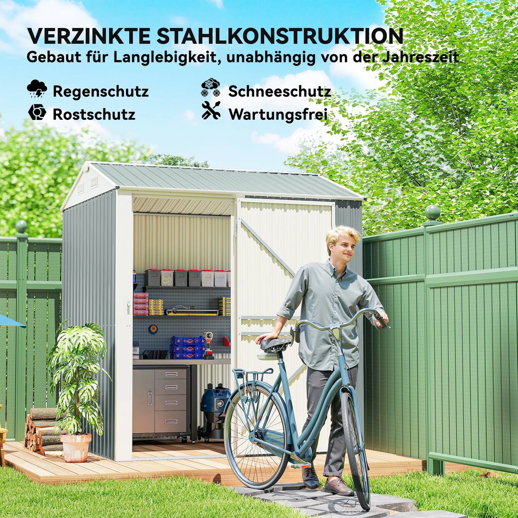 Outsunny kovový zahradní domek na nářadí 3,5 m² – vysoký uzamykatelný zahradní domek se štítnou střechou, větráním a rukavicemi v balení, 209 x 177 x…
