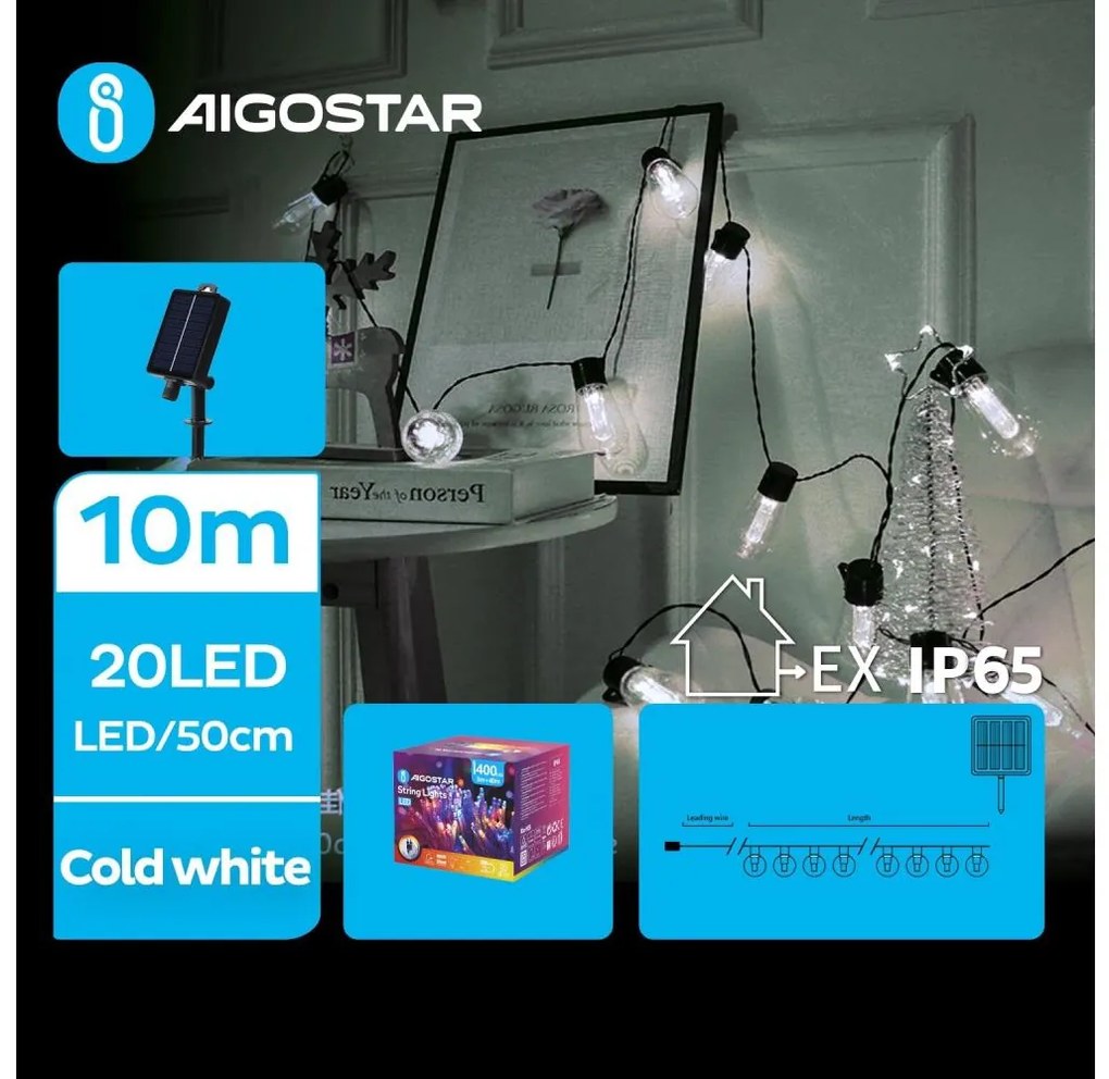 Aigostar - LED Solární vánoční řetěz 20xLED/8 funkcí 11,5m IP65 studená bílá