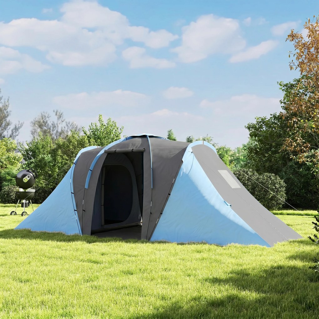 Outsunny rodinný stan pro 4-6 osob, voděodolný 2000 mm, skládací stan s 2 ložnicemi, batoh na kempování 555x225x190 cm, šedý a modrý