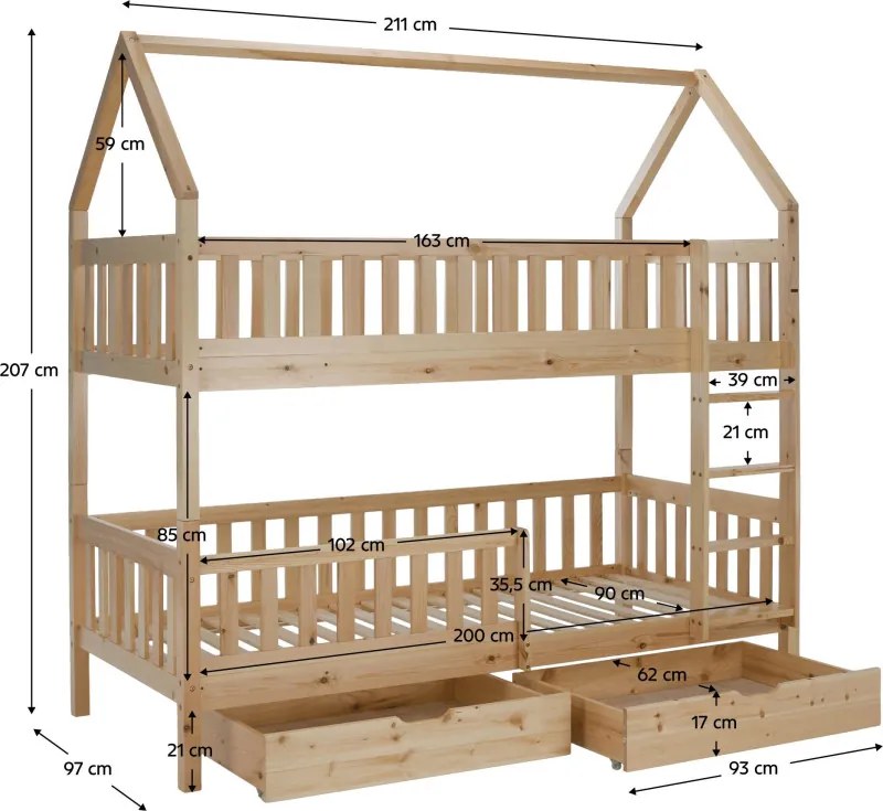 Montessori patrová postel 90x200, přírodní, VENITA TYP 2 Kondela 0000396844