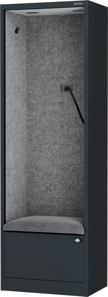 Kancelářská akustická kabina se sedátkem a USB-C portem, korpus antracitový / sedák šedá, 600 mm: SALLY MentalBox