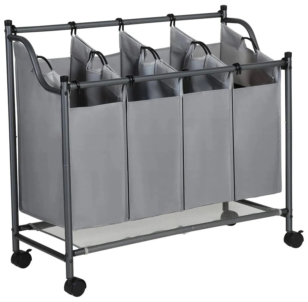 Koš na prádlo s kolečky, 4 vyjímatelné kapsy, vozík na prádlo, stabilní, 4 x 35L, šedý