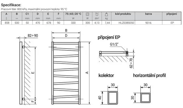 House Level Zet HLZE0850509016EPO Radiátor elektrický 85,8x50 cm, tyč ONE vpravo, bílá