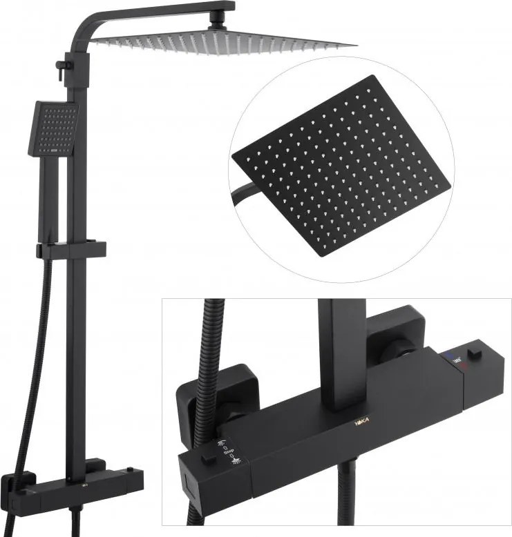Erga Goba, sprchová souprava s termostatickou baterií a dešťovou hlavicí 30x30 cm, černá matná, ERG-YKA-BP.GOBA-THERM-30-BLK