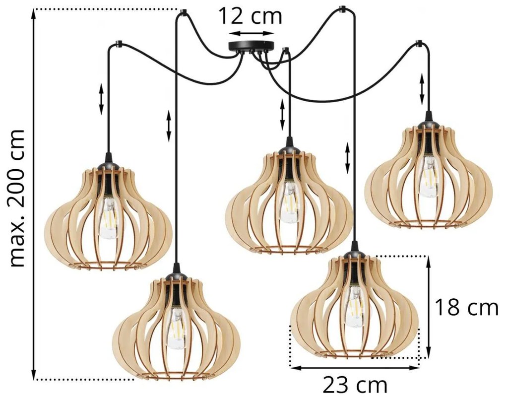 Závěsné svítidlo TIMBER SPIDER 3, 5x dřevěné stínítko