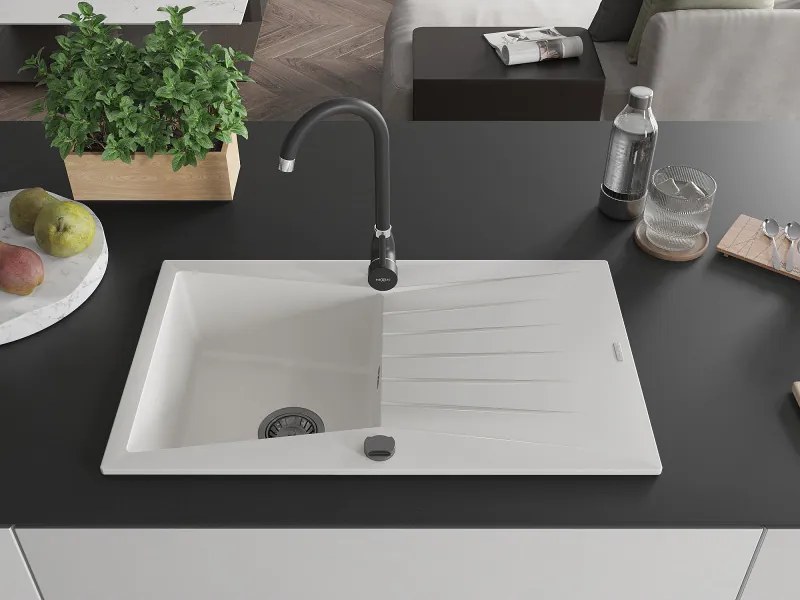 Mexen Cesar, granitový dřez 775x470x190 mm, 1-komorový, bílá s černým sifonem, 6514771010-20-B