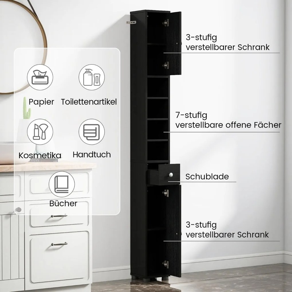 Costway Úzká koupelnová skříňka s 2 dvířky a 1 zásuvkou