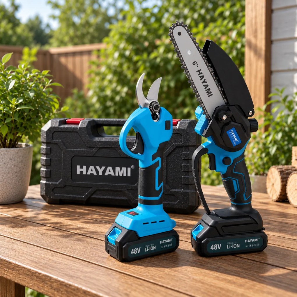 HAYAMI Aku zahradnické nůžky a pilka Hayami HA-1004 + 2x baterie 21 V + praktický kufr + příslušenství
