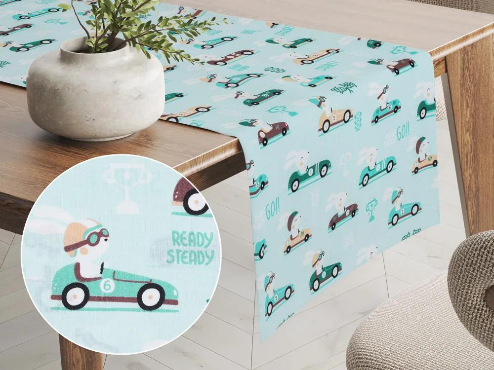 Biante Dětský bavlněný běhoun na stůl Sandra SA-375 Zaječí automobilové závody na mintovém 20x160 cm