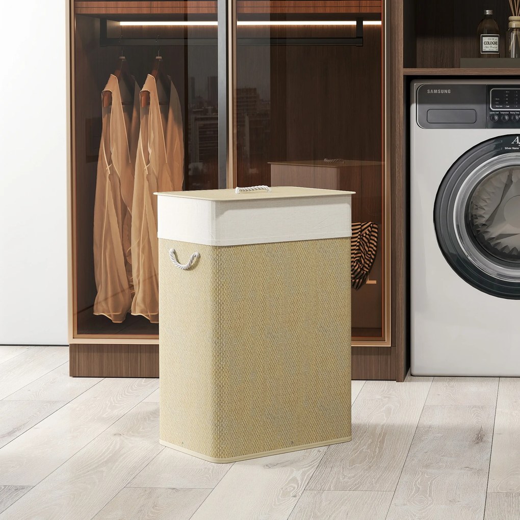 HOMCOM Koš na prádlo s víkem 72L, bambusový koš na prádlo s odnímatelnou vnitřní taškou a úchyty do prádelny, ložnice 40x30x60 cm Přírodní