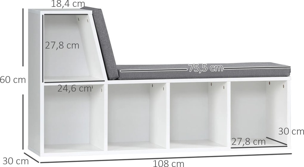 HOMCOM 2-in-1 úložná lavice s 5 přihrádkami a 2 polštářky, knihovna 108 x 30 x 60 cm, bílá šedá