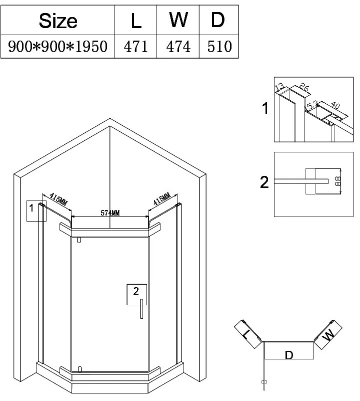 BPS-koupelny Pětiúhelníkový sprchový kout HYD-PK91B 90x90 chrom/transparent - bez vaničky