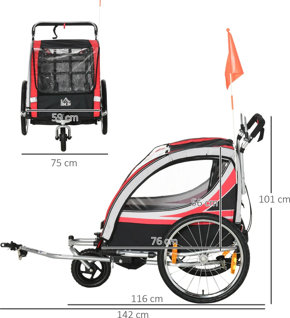 Dětský přívěs na kolo HOMCOM 2 v 1 s odpružením, síťovanými dvířky, předním kolem otočným o 360° a brzdou, červeno-černý, 142x75x101cm
