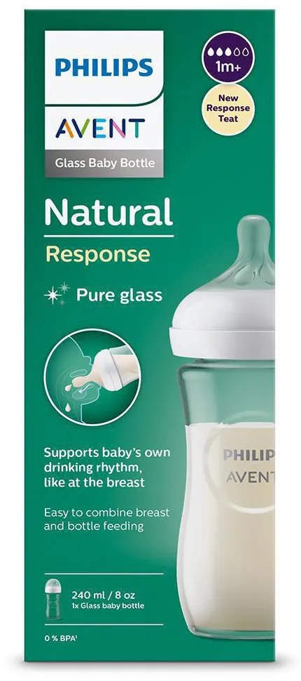 Avent Láhev Natural Philips Response skleněná 240 ml, 1 m+