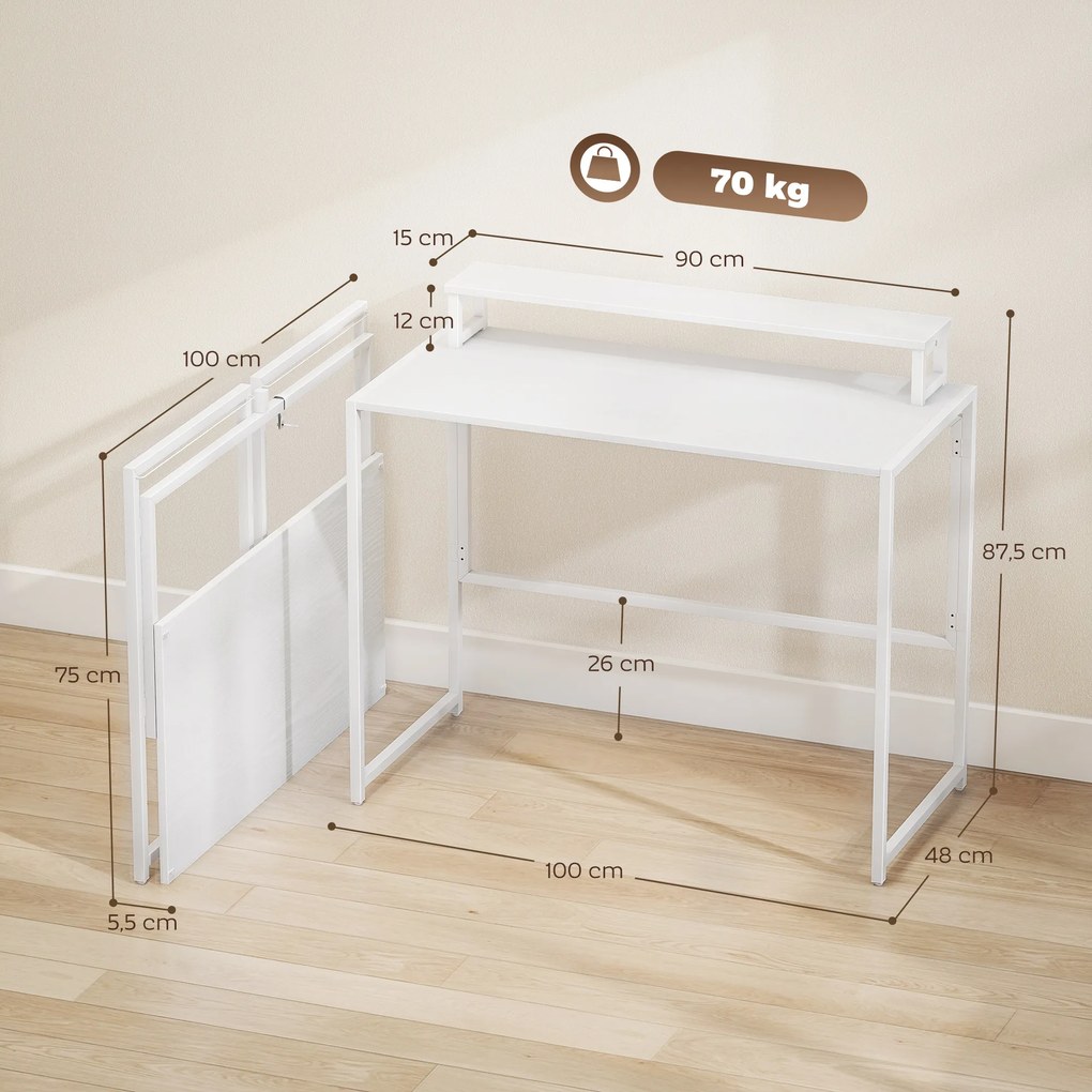 HOMCOM skládací psací stůl s podstavcem na monitor, ocelový rám, 100 x 48 x 87,5 cm, bílý
