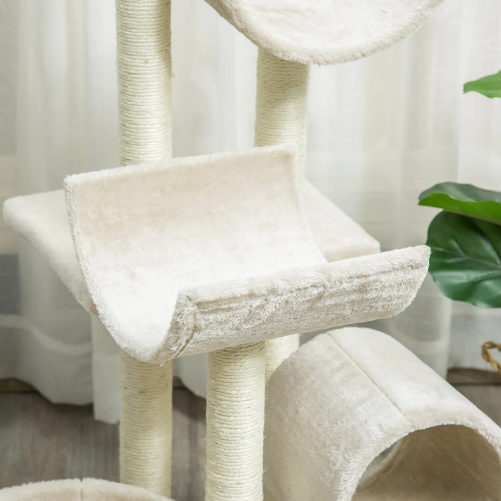 PawHut Kočičí strom, škrábací sloup, škrábací hračky, tunel, béžový L50 x Š40 x V105 cm