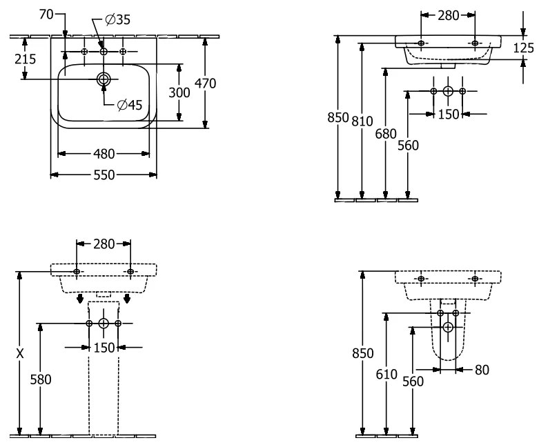 Villeroy & Boch ARCHITECTURA - Umyvadlo, 550x470x180 mm, bez přepadu, bílá alpin 41885601