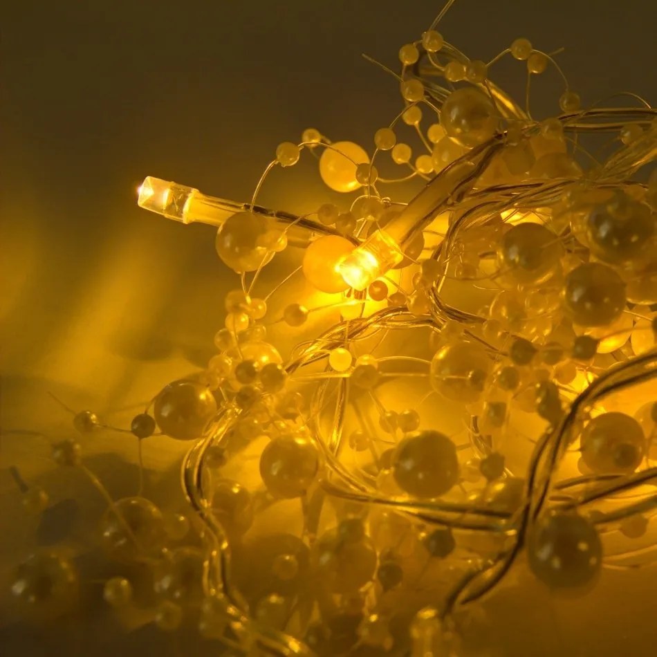 LED světýlka na baterie, bílé perly, 1,3 m, teple bílá, 10 diod, čirý kabel, IP20 interiér, 2,× AA