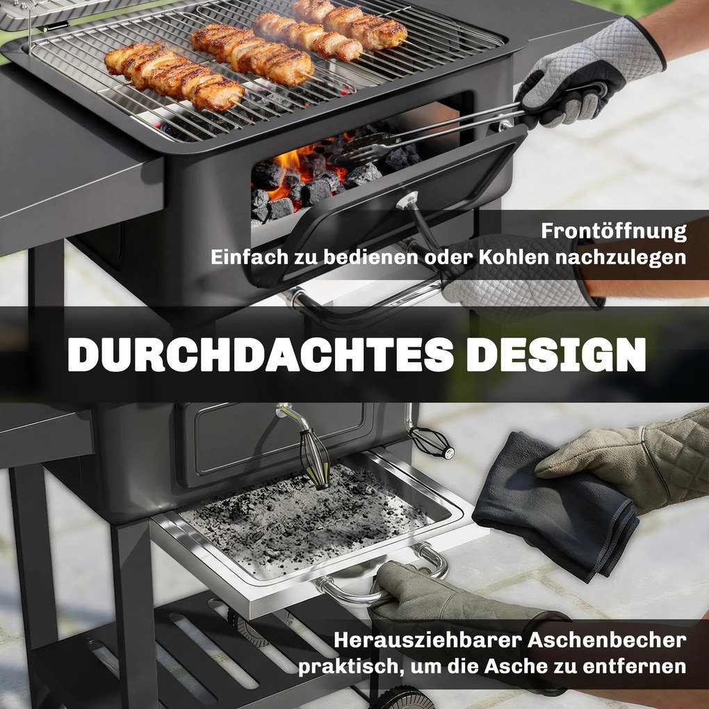 Outsunny Gril na dřevěné uhlí BBQ udírna s víkem Teploměr výškově nastavitelná pánev na dřevěné uhlí Komín Grilovací rošt Boční stolek Popelník