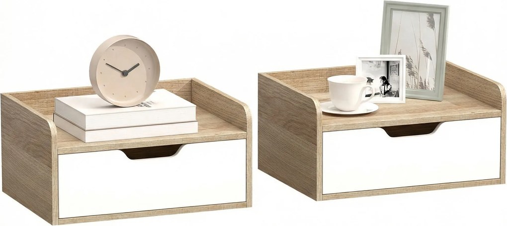 HOMCOM 2dílný set nástěnných nočních stolků, noční stolky se zásuvkou a poličkou s vyšším okrajem, 40x30x19,5 cm, přírodní dřevo