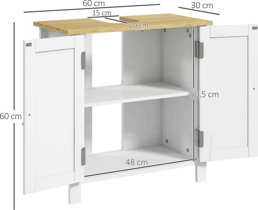 Kleankin Koupelnová Skříňka Pod Dřez s Podstavcem a 2 Dvířky, 2 Úchyty a Nastavitelnou Policí bez Dřezu 60x30x60 cm Bílá