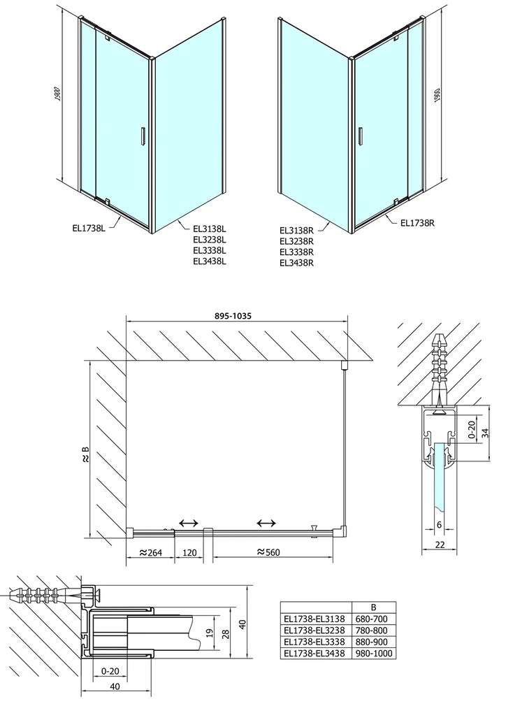 Polysan EASY LINE obdélník/čtverec sprchový kout pivot dveře 900-1000x900mm L/P varianta, brick sklo EL1738EL3338