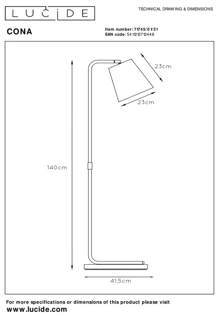 Lucide 71745/01/31 stojací lampa Cona, bílá, E27, 140cm