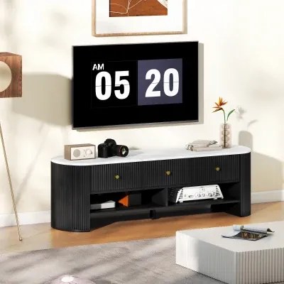 HOMCOM TV skříň 140 cm, TV stojan pro 65palcové televize s mramorovým efektem, 3 zásuvky s drážkovanými čely, 2 police, černá