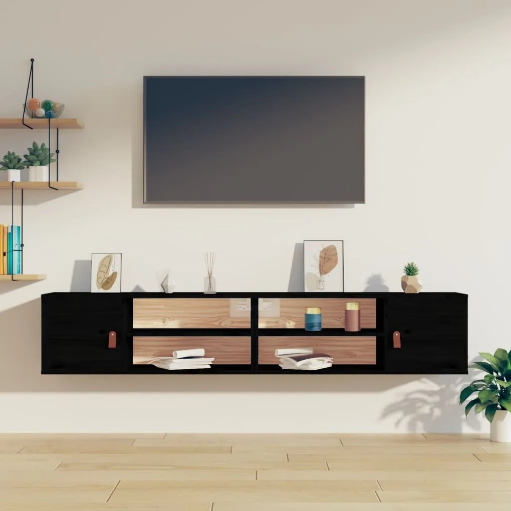 Nástěnné Skříňky 2 Ks Černé 80X30X30 Cm Masivní Borové Dřevo