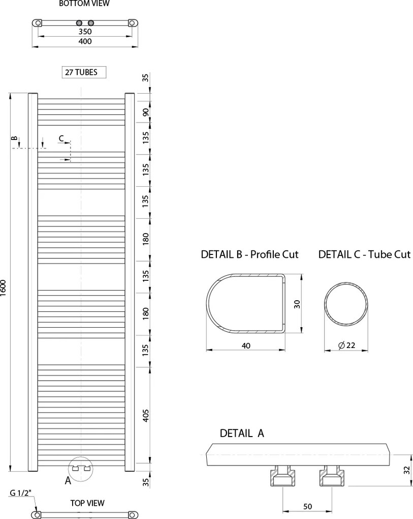 Aqualine Aqualine, ALYA topné těleso rovné 400x1600mm, středové připojení, chrom, LLS309