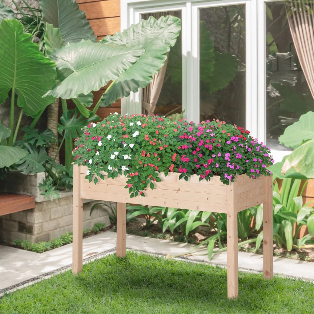Outsunny Vyvýšená Městská Zahrada z Přirozeného Dřeva 122,5x56,5x76 cm - Vyvýšený Zahradní Stůl s Netkanou Textilií a 4 Odtokovými Otvory pro Rostlin…