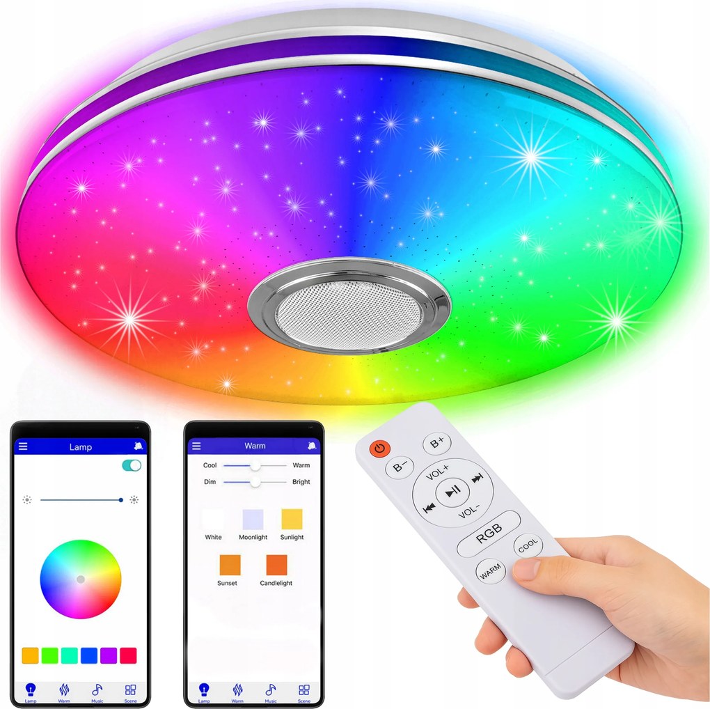 Lampa Stropní Svítidlo S Rgb Led Reproduktorem 40W Barevná Bluetooh Dálkový Ovladač Aplikace
