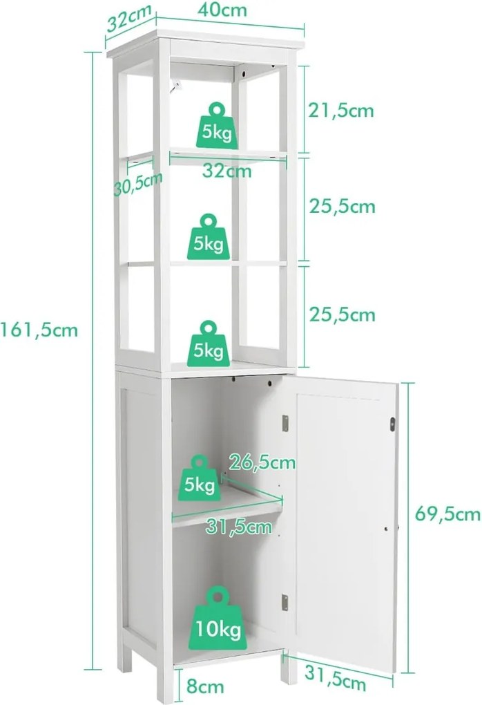 Costway 5patrová úzká vysoká skříňka s 3 polohovou policí – 40 × 32 × 161,5 cm