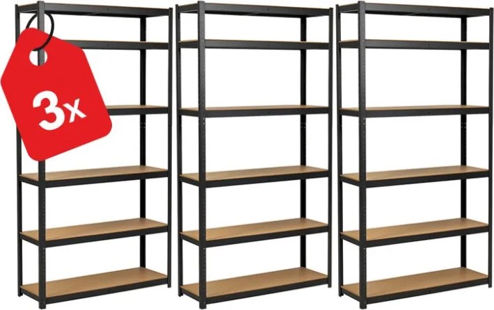 Akce 3x Regál 220x120x40 cm lakovaný 6-policový, nosnost 1050 kg - černý
