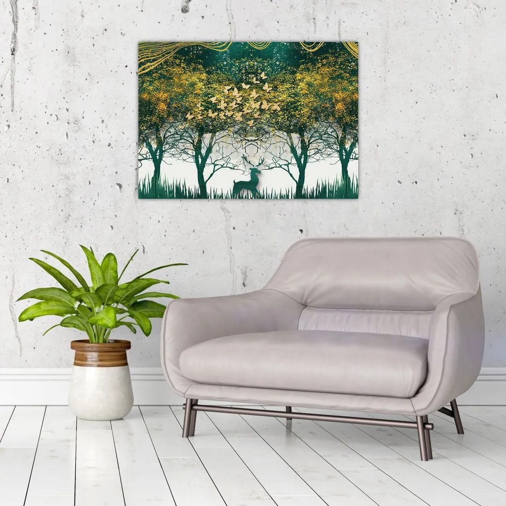 Skleněný obraz - Jeleni v zeleném lese (70x50 cm)
