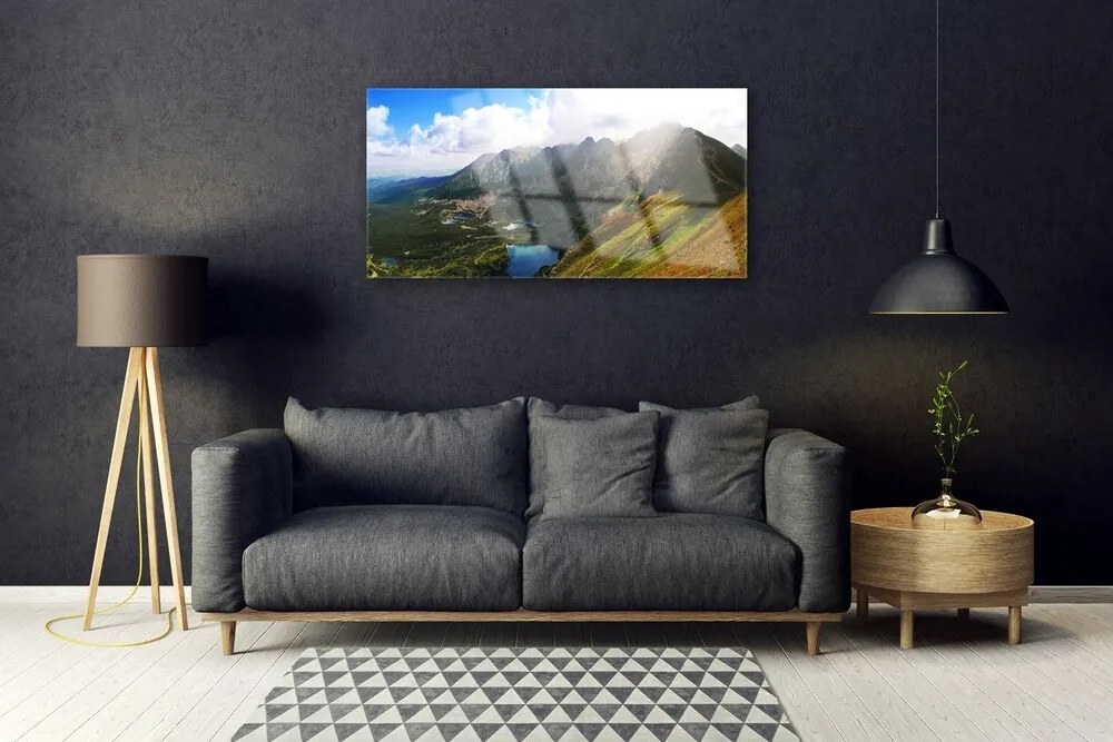 Obraz na skle Hory Louka Krajina 120x60 cm