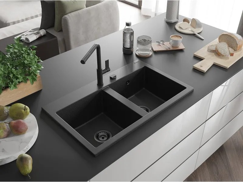 Mexen Hektor, 2-komorový granitový dřez 800x480x205 mm, černá-stříbrná metalíza, grafitový sifon, 6521802000-73-B