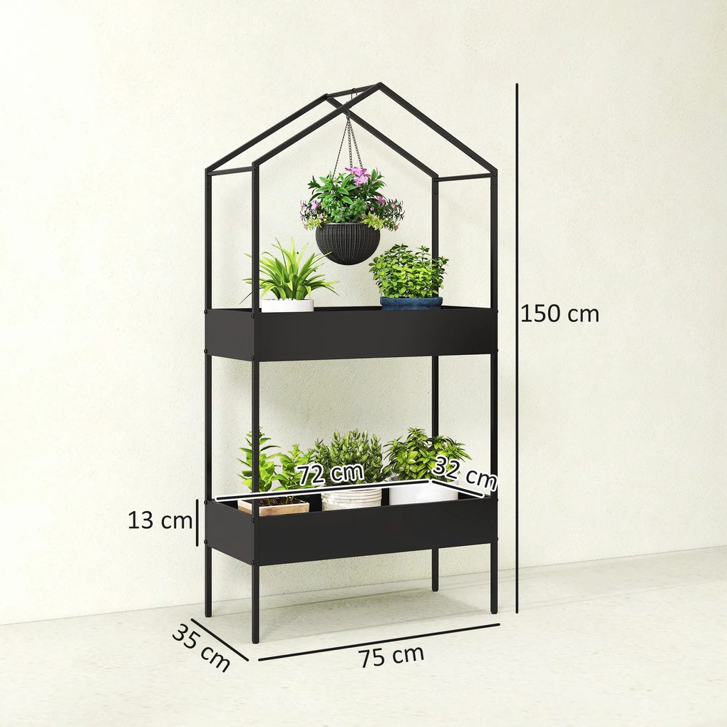 Outsunny Stojan na květiny 2 patra, kovový regál ve tvaru domu, 150 cm, s háčkem, černý