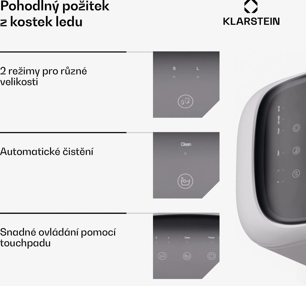Klarstein SparkIce výrobník ledu | 2 režimy | 1,5 l studené vody | automatické čištění | 15 kg/24 h