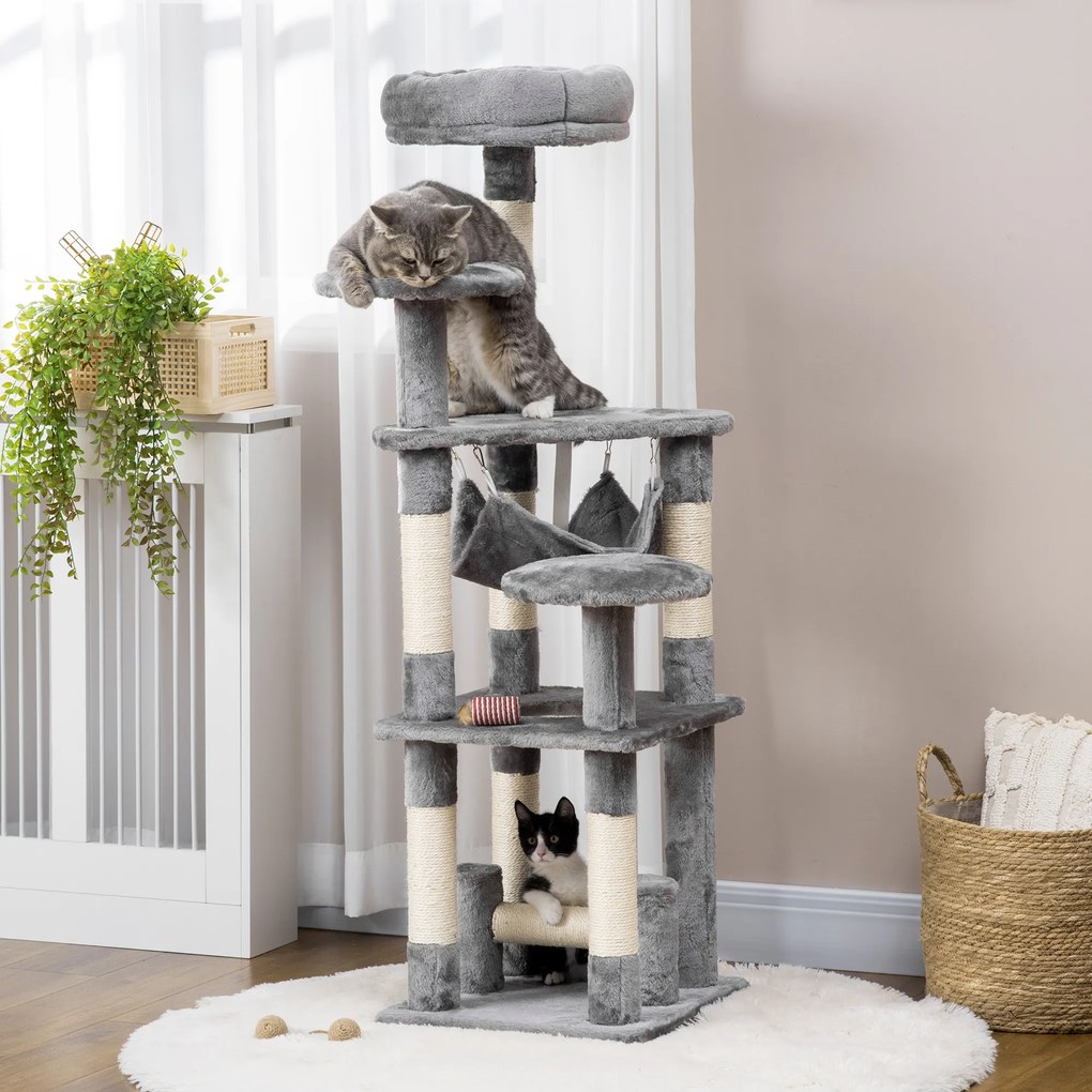 PawHut Kočičí strom Škrabací sloupek Kočičí hrací věž Kočičí šplhací strom Škrabací sloupek Houpací síť Šedá L40 x Š40 x V132 cm