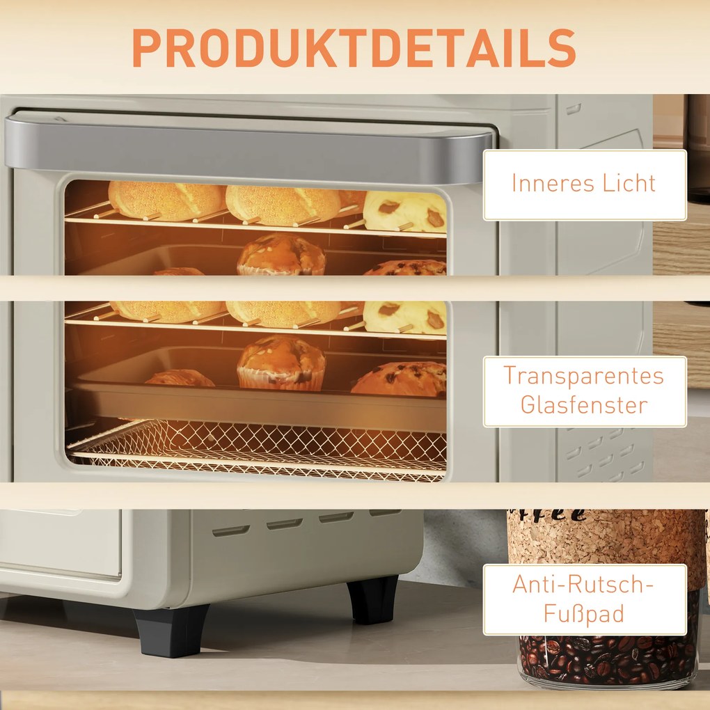 HOMCOM Mini trouba s konvekcí 10 l 2 v 1 Mini trouba s roštem, plechem na pečení a plechem na drobky, horkovzdušná fritéza 80 °C-230 °C, s dotykovým …