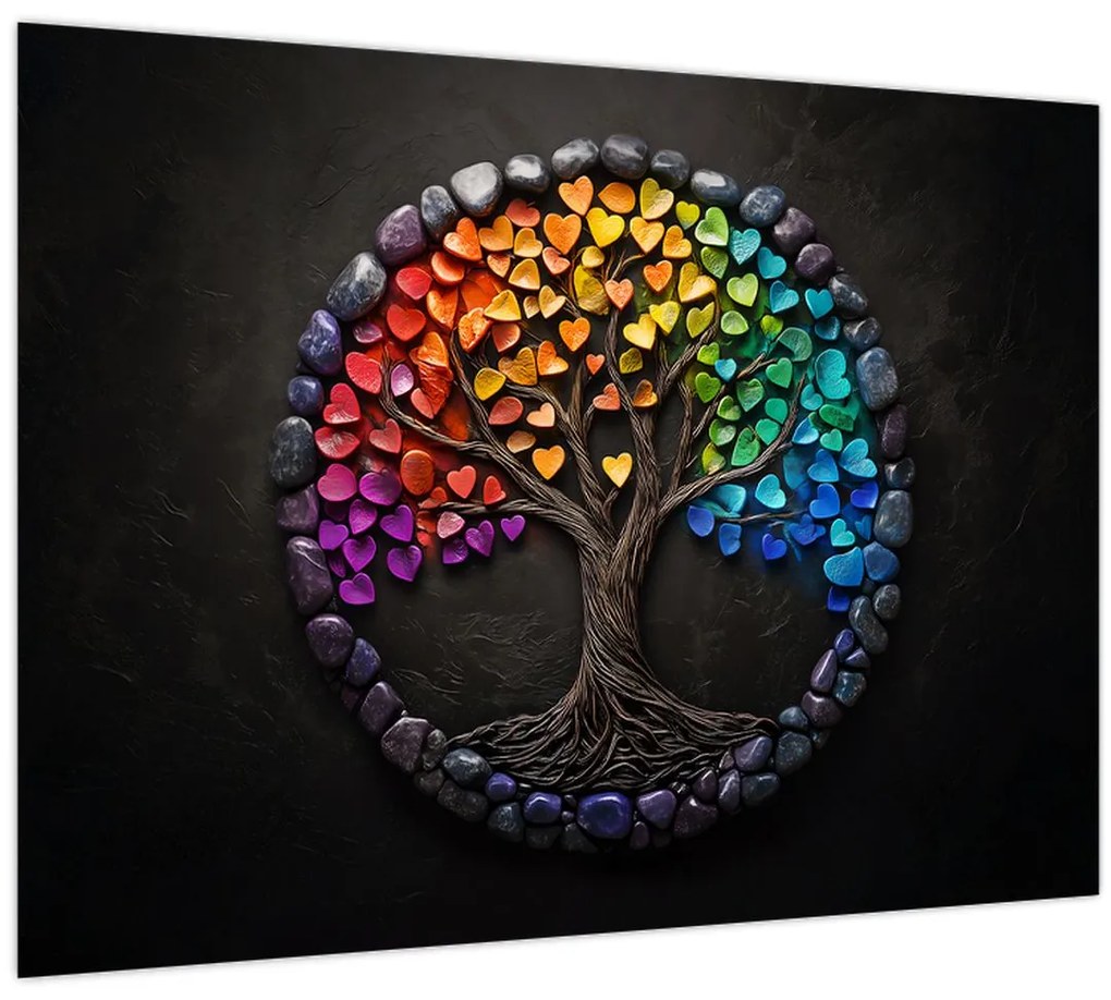 Skleněný obraz - Strom plný barevných srdcí (70x50 cm)