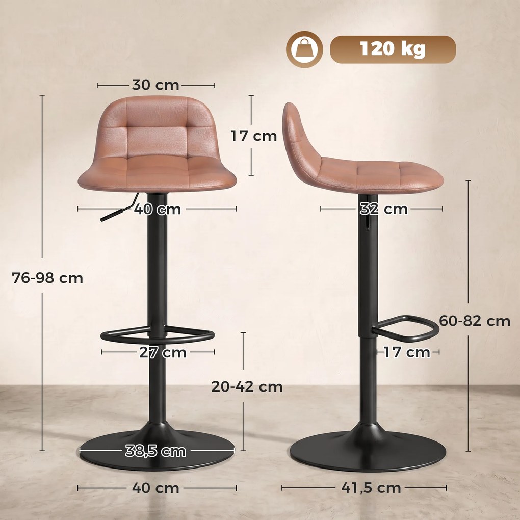 HOMCOM 2dílná sada barových židlí z PU kůže, retro-průmyslový styl, výškově nastavitelná, otočná o 360°, 40x41,5x76-98cm, tmavě hnědá