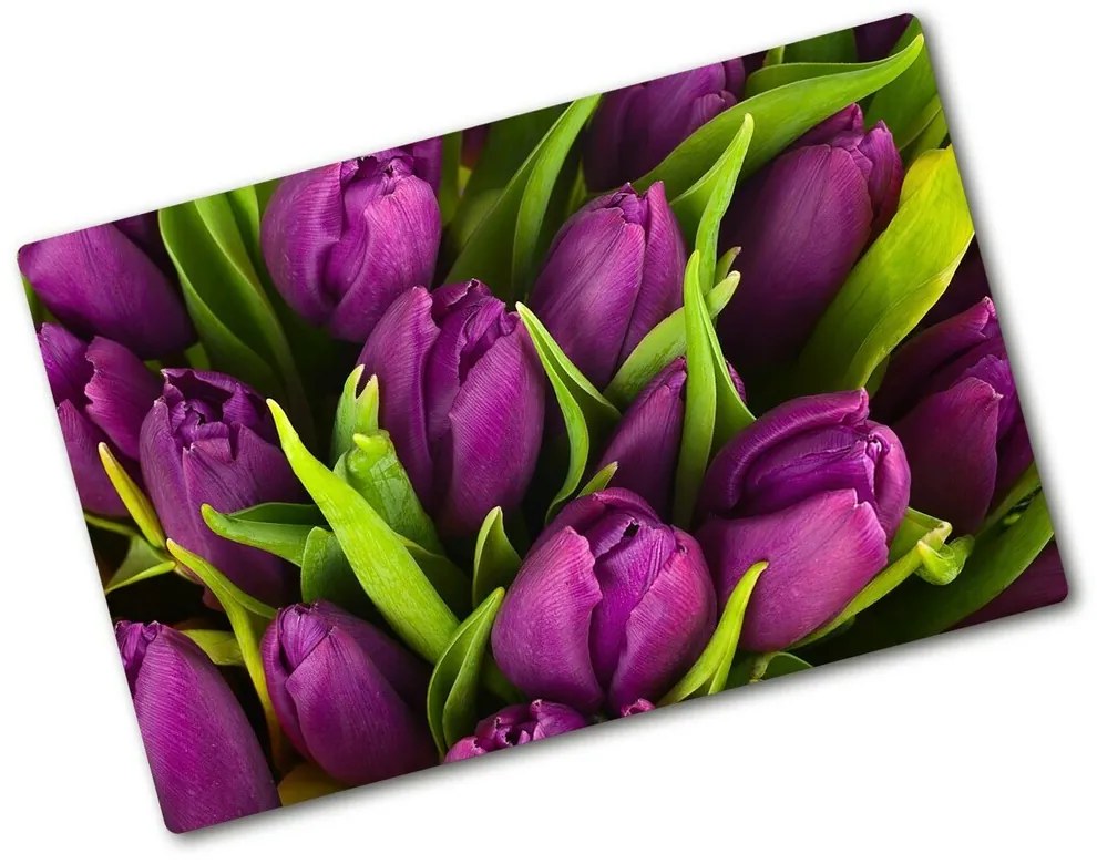 Wallmuralia Deska na krájení tvrzená Fialové tulipány 80x52 cm