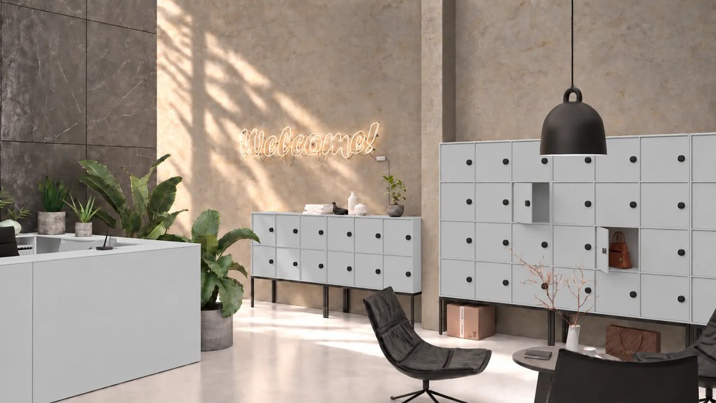 Kancelářská skříň FRAME, bílá podnož, 12x dveře, 1299 x 450 x 2185 mm, RFID zámek, šedá