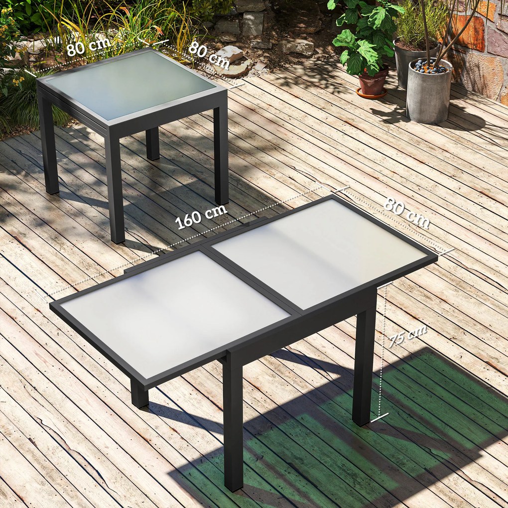 Outsunny Velký Rozšiřitelný Zahradní Stůl rozložené rozměry 160D x 80Š x 75V cm Tmavě Šedý Hliníkový Stůl s Temperovaným Sklem Transparentní