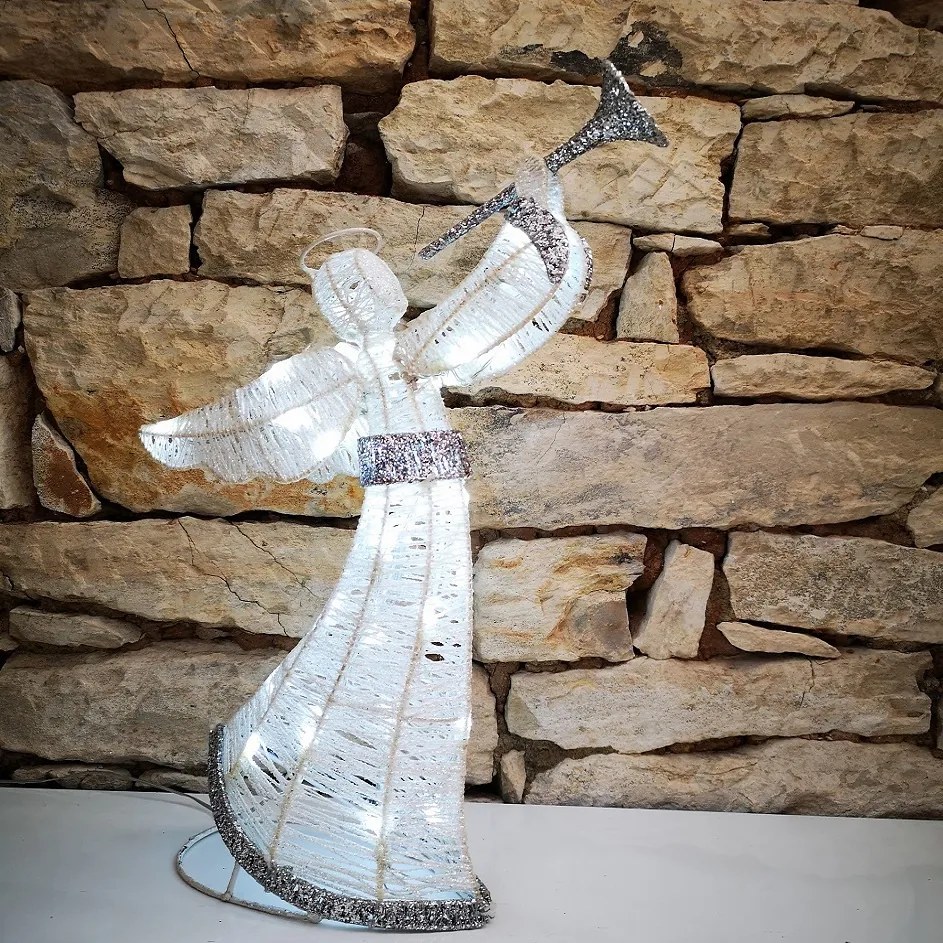 3D LED svítící anděl venkovní s trubkou 50 cm, ledově bílý s FLASH, na baterie 3× AA, 40 LED, IP44