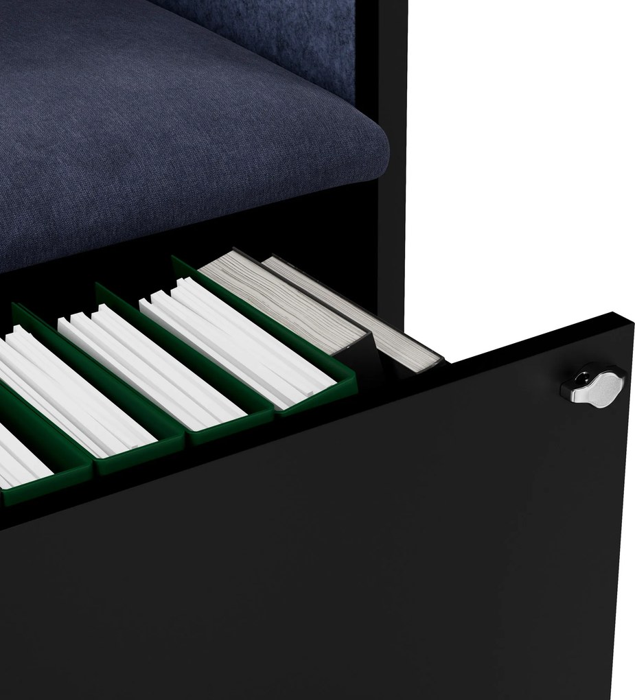 Kancelářská akustická kabina se sedátkem a USB-C portem, korpus černý / sedák námořnická modrá, 600 mm: SALLY MentalBox