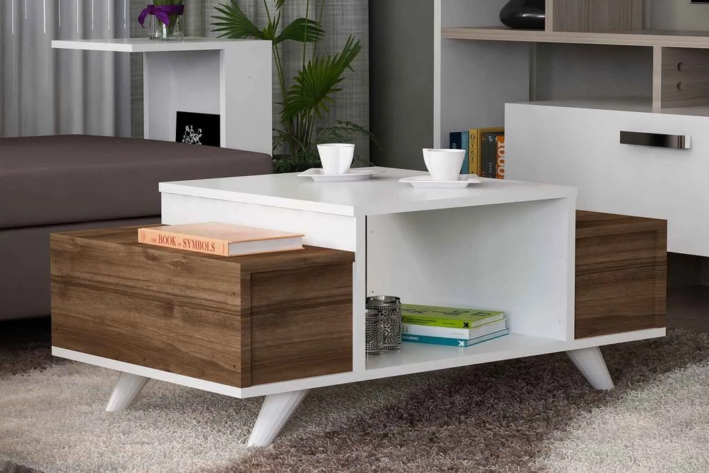 Designový konferenční stolek Fauci 90 cm bílý / ořech