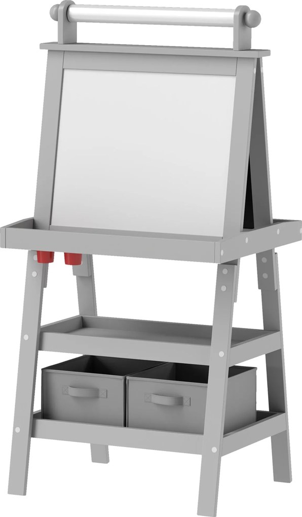 AIYAPLAY AIYPLAY Dětský malířský stojan 3 v 1 - Magnetická oboustranná dětská tabule s papírovým válečkem a úložnými košíky 59x48x118 cm Šedá